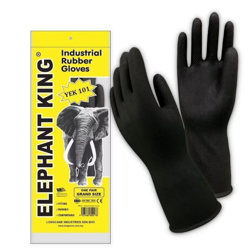 [1 Pair] Elephant Black Industrial Rubber Glove Sarung Tangan Getah ...
