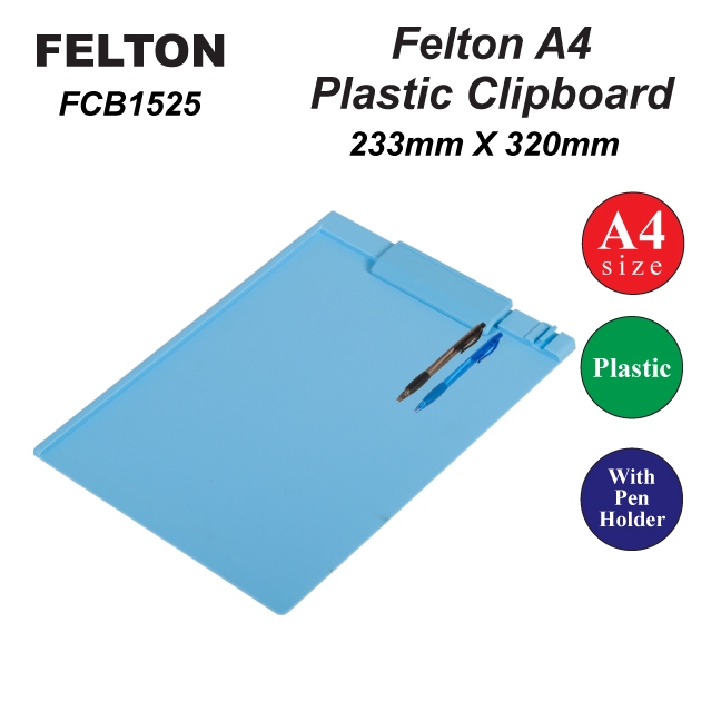 Felton FCB1525 A4 Plastic Clipboard with Pen Holder (Random Colour will ...