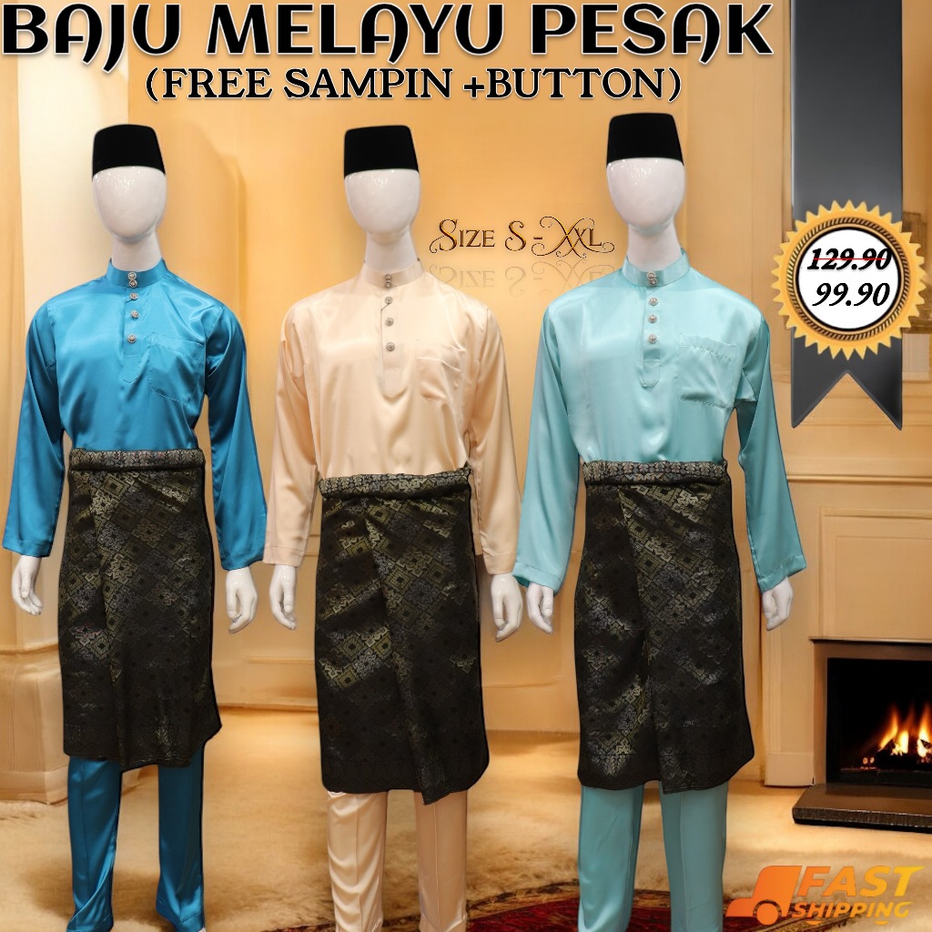 BAJU MELAYU PESAK |FREE SAMPIN+BUTANG| Crepe Satin | Shopee Malaysia