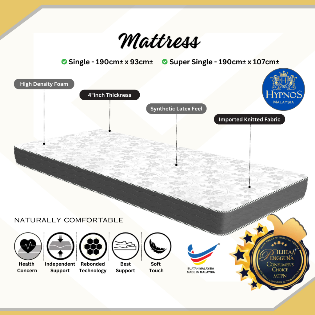 HYPNOS Mattress Single/Super Single High Density Resillient Rebonded ...