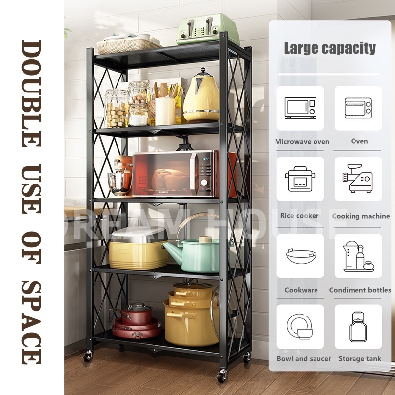 3-5Layers Foldable Movable Trolley Kitchen Rack Shelf with Roller ...