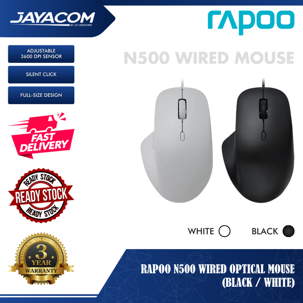 Rapoo N500 Wired Optical Mouse – Black / White (Adjustable 3600 DPI ...