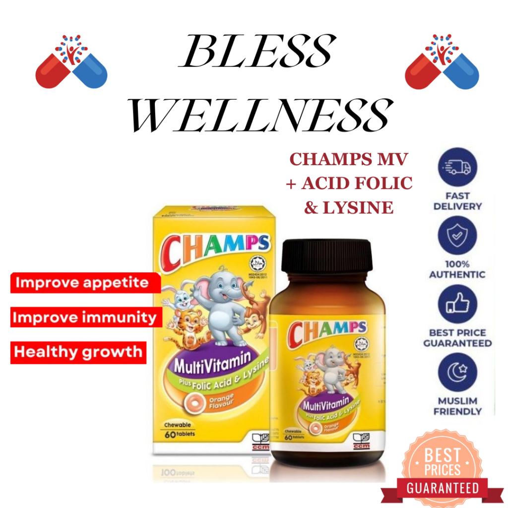 CHAMPS MULTIVITAMIN PLUS FOLIC ACID & LYSINE ORANGE TAB 60S | Shopee ...
