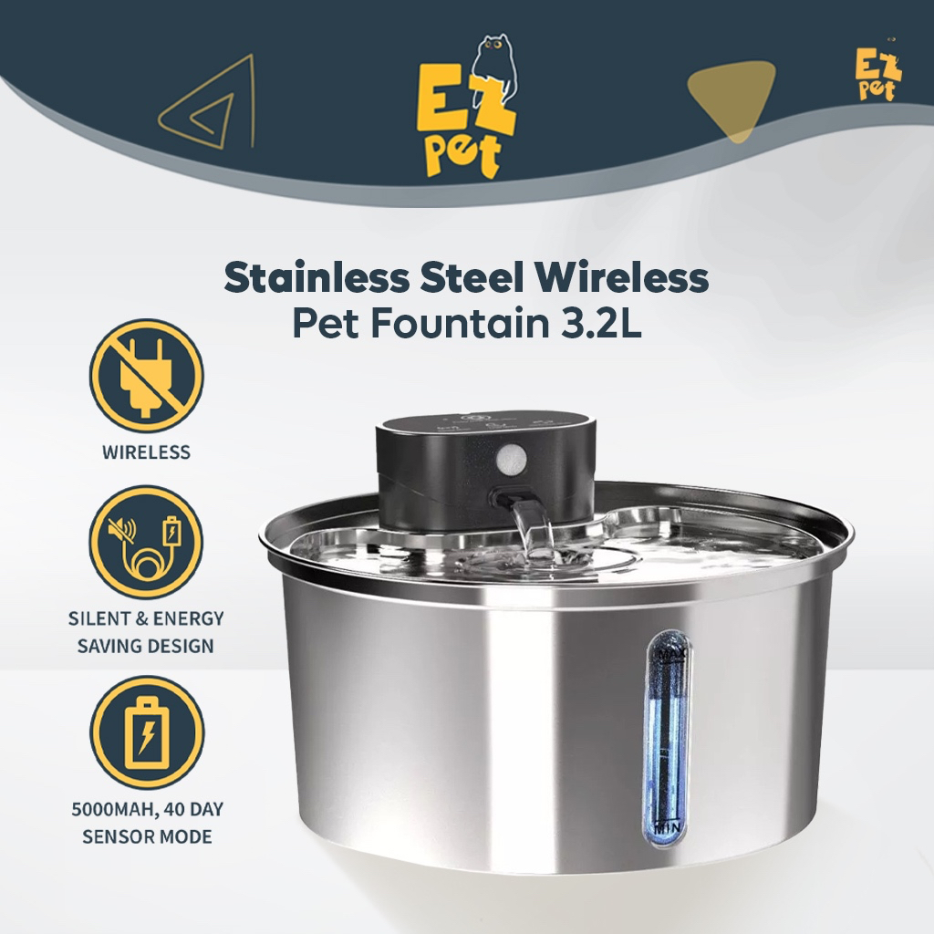 EZPET🐱【 Stainless Steel Wireless Pet Fountain 3.2L】Automatic Wireless ...