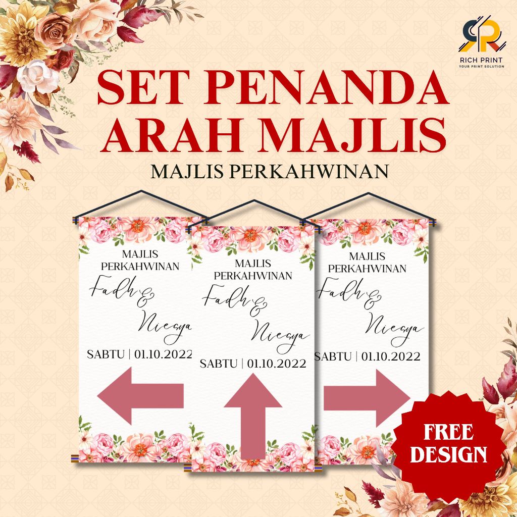Set Penanda Arah Kahwin Tunang Bergambar Floral Simple Ready Design ...