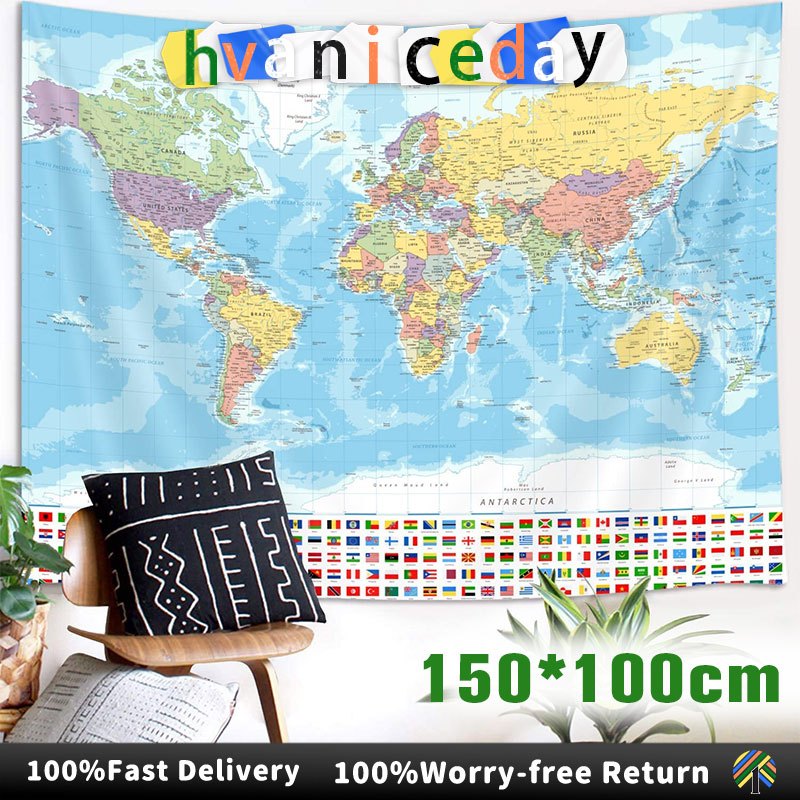 150*100cm World Map Wall Hanging Map of The World with National ...