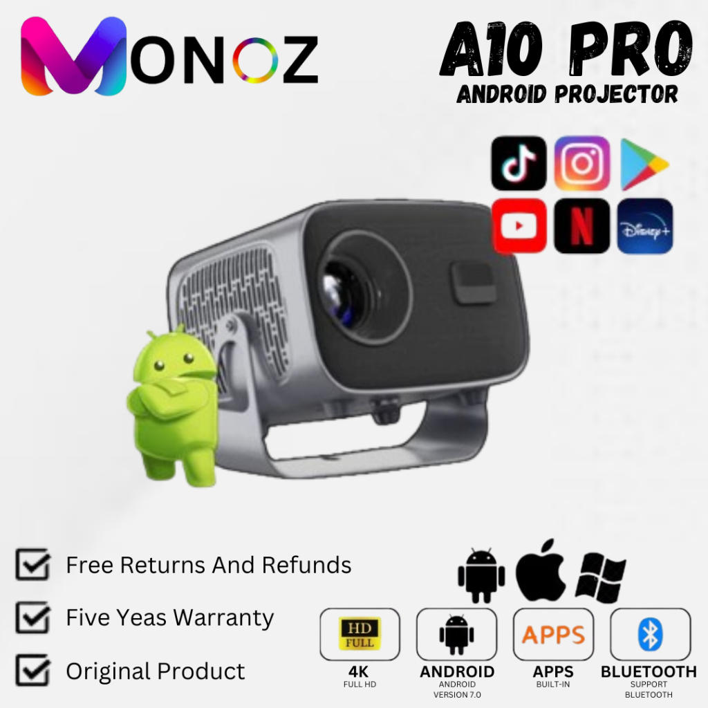 Monoz A10 Android 11 Smart LED Projector with 5G Dual WIFi Auto Focus ...