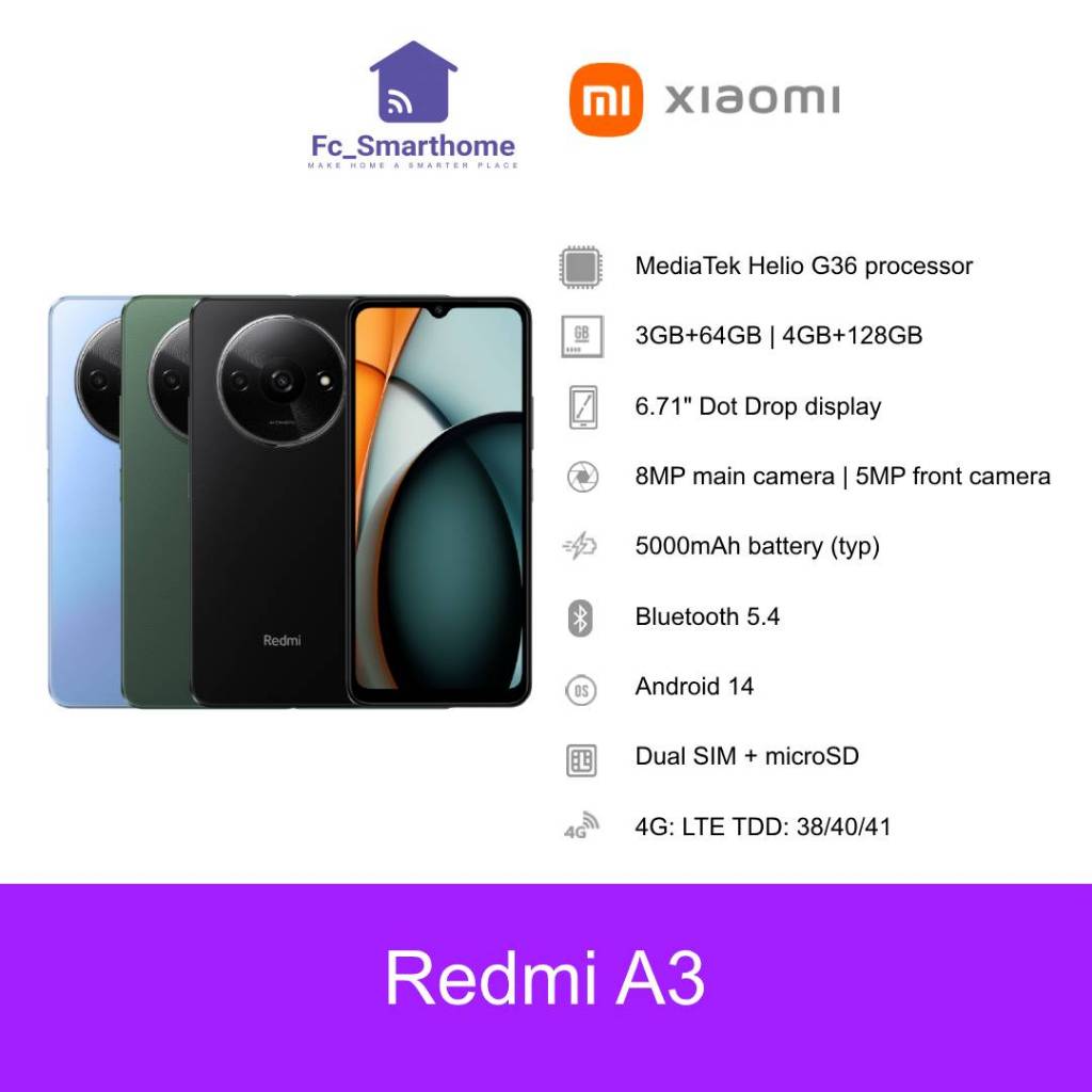 Xiaomi Redmi A3 4G | MediaTek Helio G36 processor | 6.71" Dot Drop ...