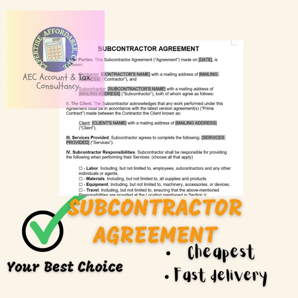 Subcontractor Agreement - Microsoft Word EASY EDIT MODE | Shopee Malaysia