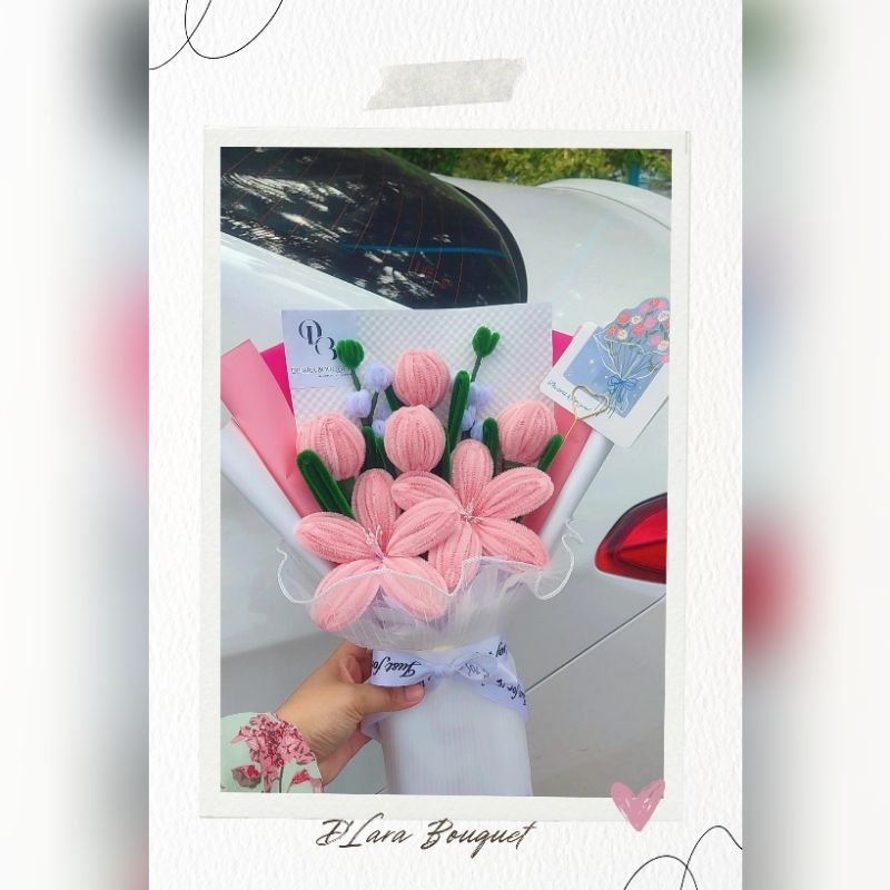 (L-022 PINK) Flower Bouquet Handmade/ Bunga Kawat Bulu/Bunga Dawai/Pipe ...