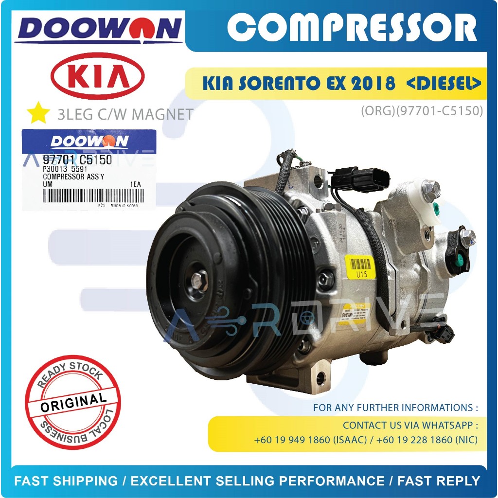 ORIGINAL DOOWON KIA SORENTO EX 2018 2.2 6PK DVE18N COMPRESSOR C/W MAGNET ( 97701-C5150 ...