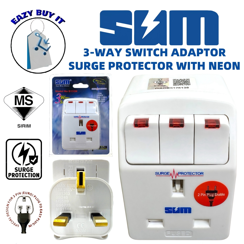 SUM 3-WAY SWITCH ADAPTOR SURGE PROTECTOR WITH NEON [S133N] | Shopee ...