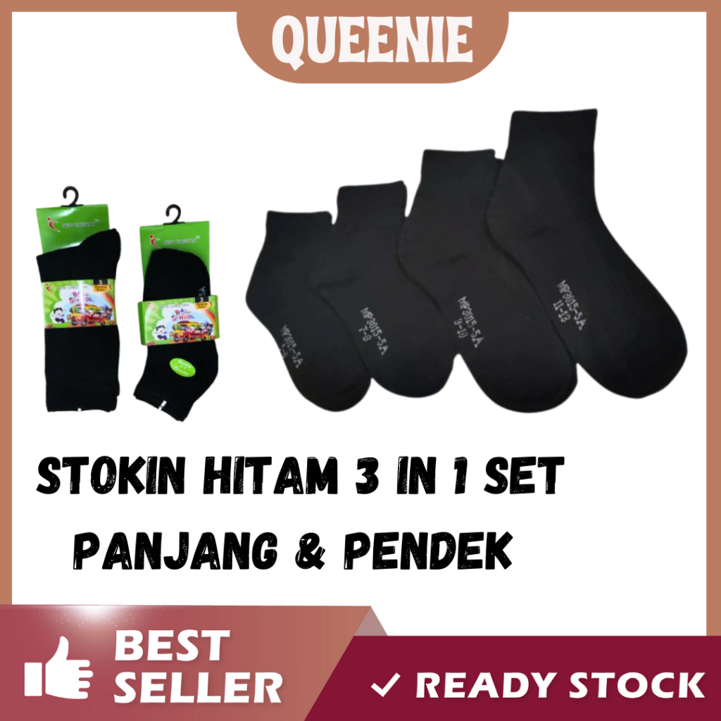STOKIN HITAM 3 IN 1 PENDEK/PANJANG / BLACK SOCK 3 IN1 SET COTTON ...