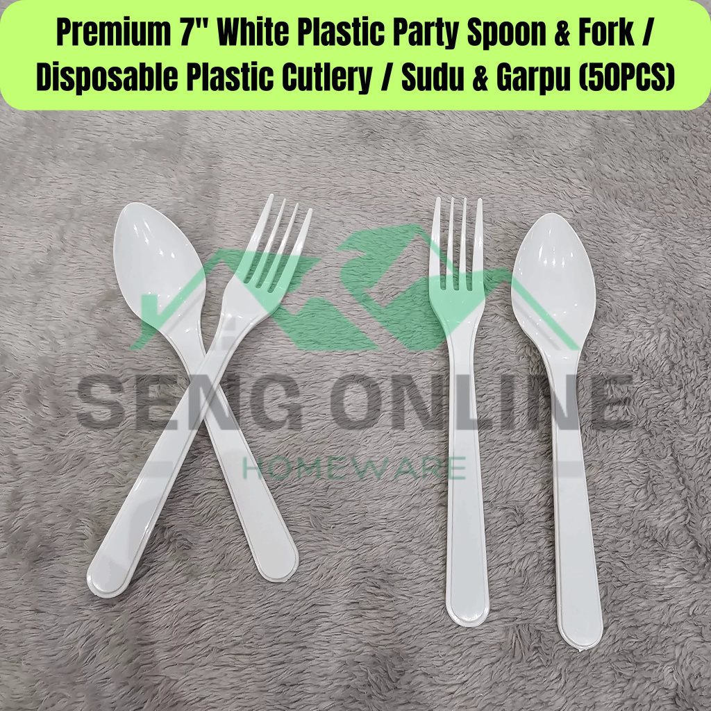Premium 7'' White Plastic Party Spoon & Fork / Disposable Plastic ...