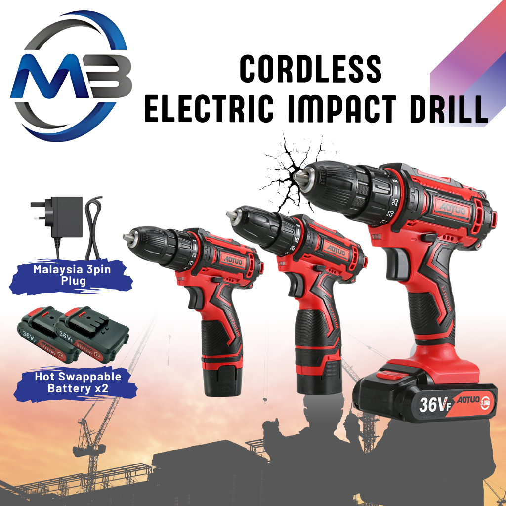 12V 18V 36V Cordless Impact Drill Set w/ +2 Lithium-Ion Battery Heavy ...
