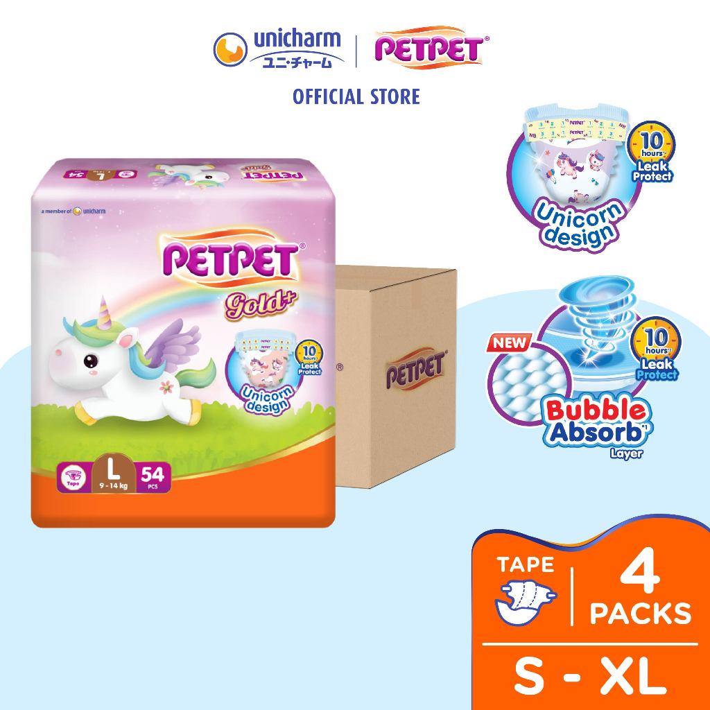 [Bundle of 4] PETPET Unicorn Gold+ Tape Baby Diapers S76/ M64/ L54 ...