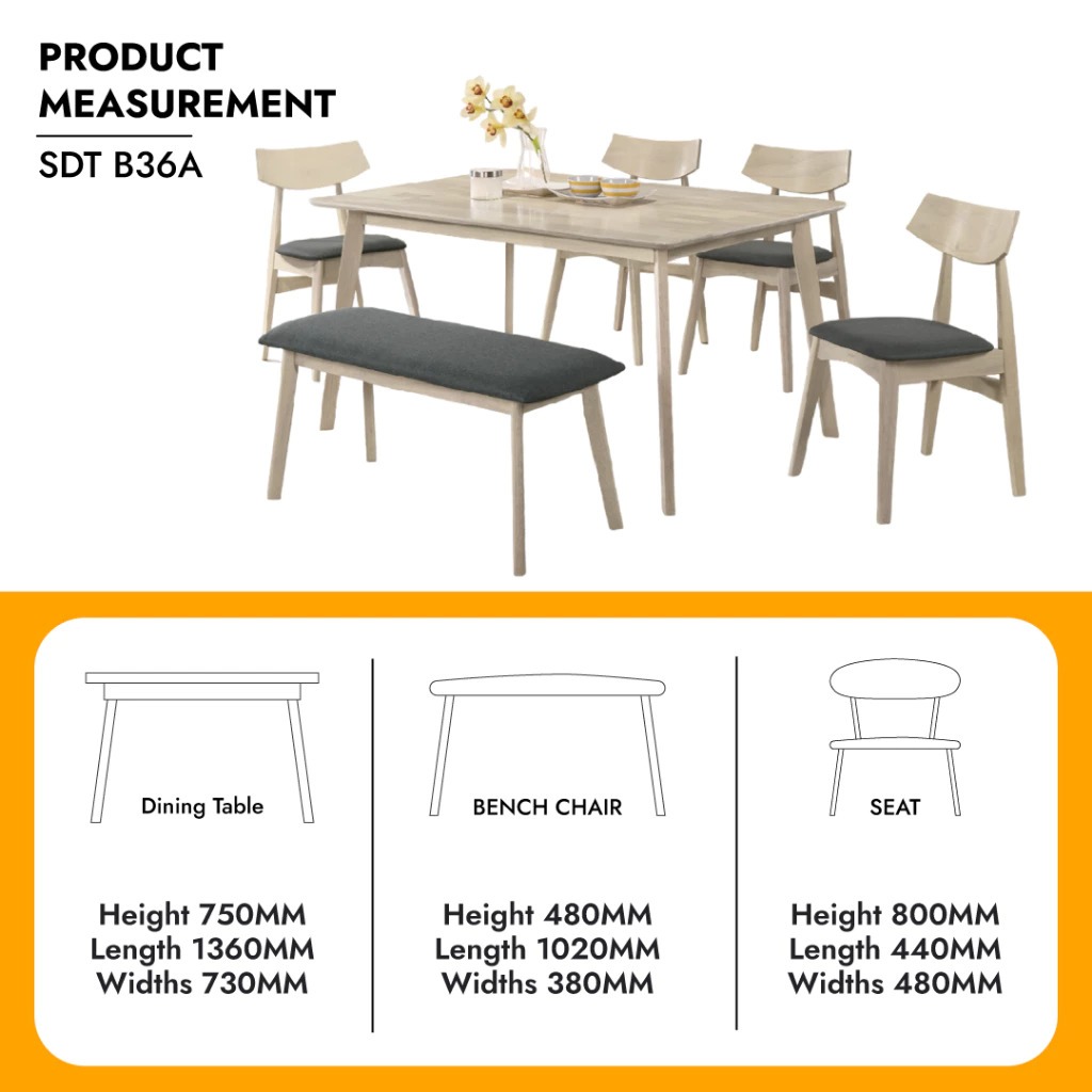 Dining Table Set 4 Chair 1 Bench Meja Makan Solid Wood Dining Set Meja ...