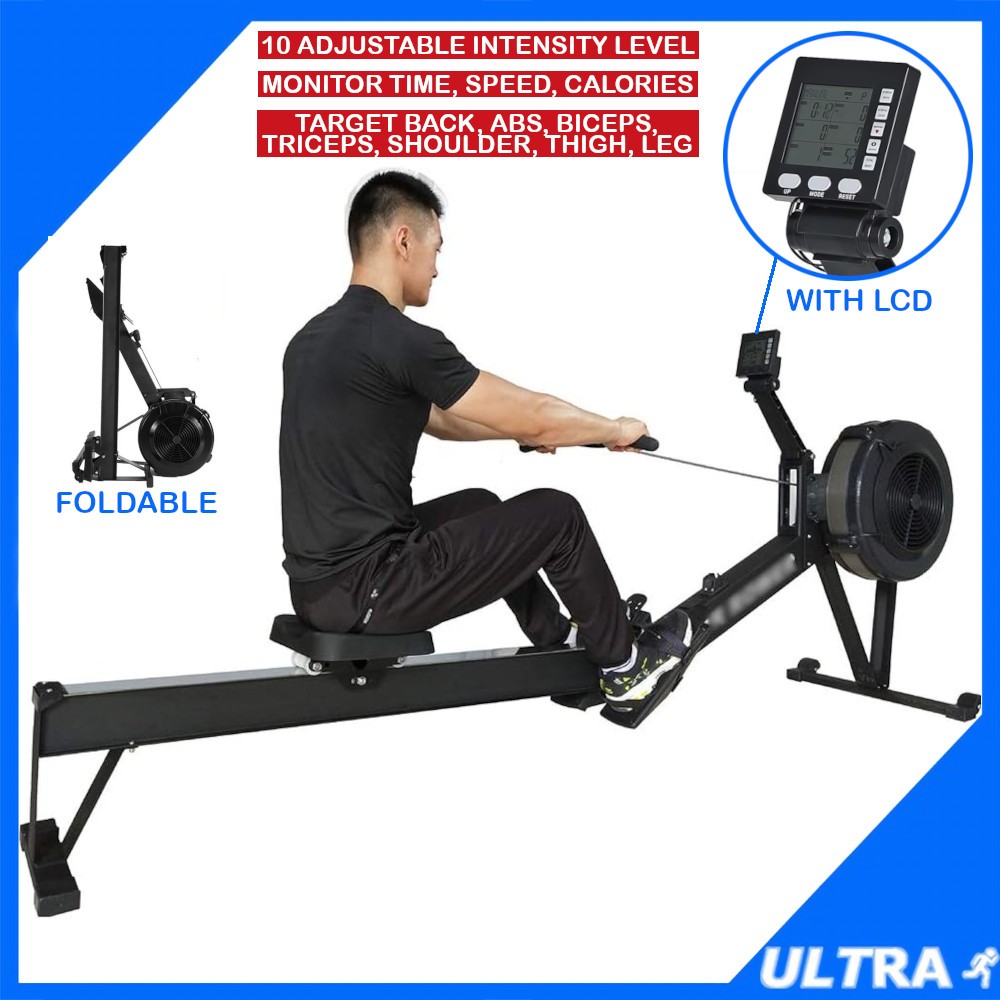 Air Rowing Machine Cardio Rower Foldable Adjustable Resistance Back ...