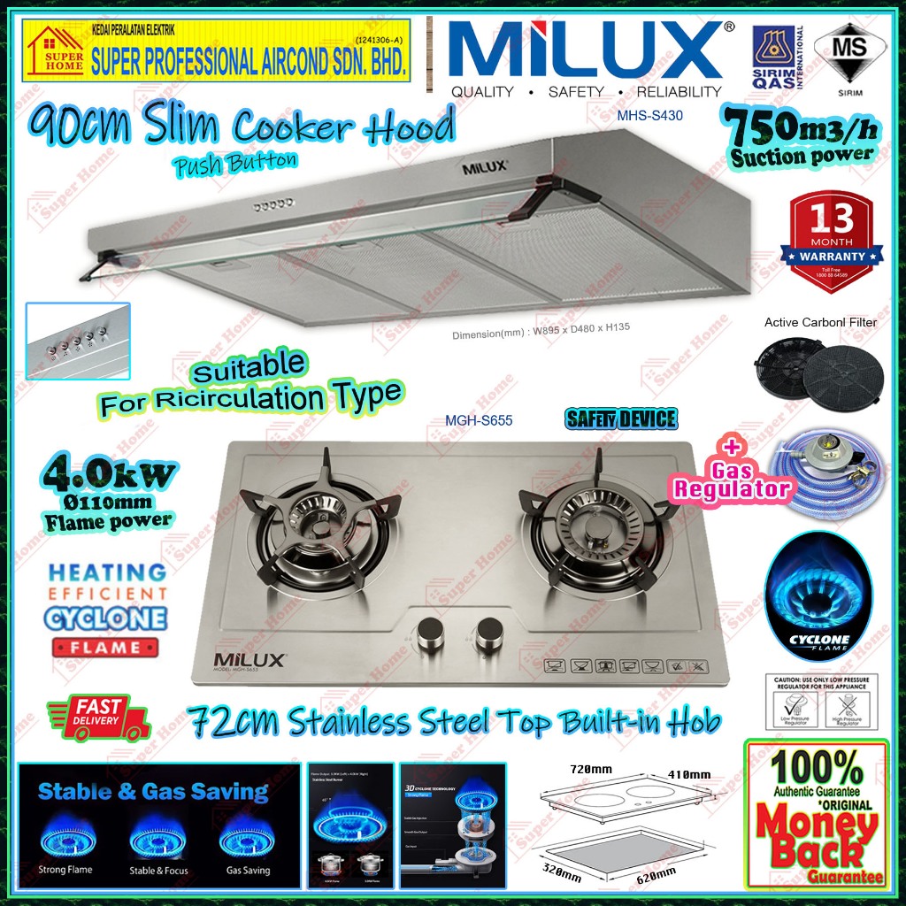 Milux Slim Cooker Hood MHS-S430 Stainless Steel/ Milux Built-in Hob MGH ...