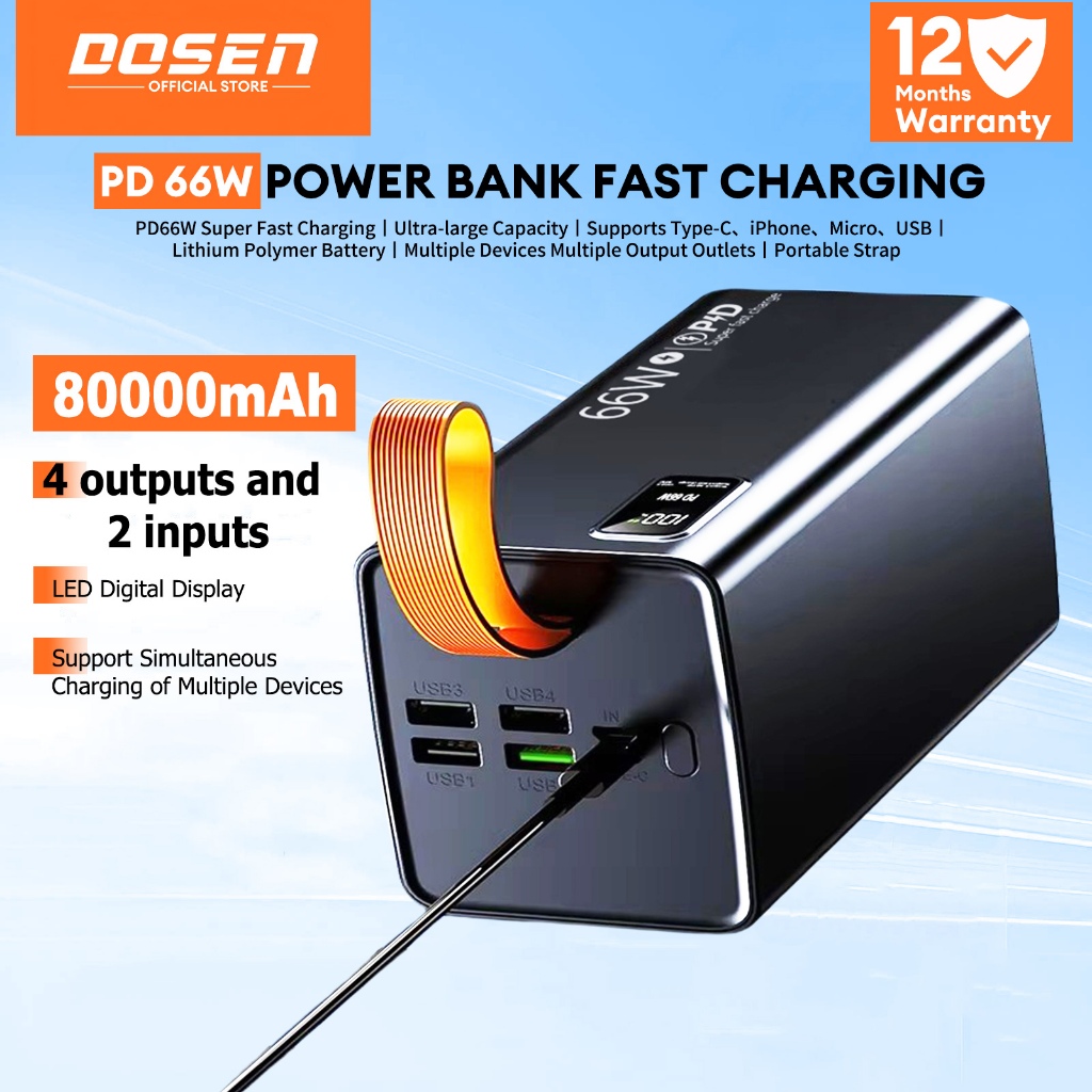 DOSEN Quality 66W Super Fast Charging Power Bank K7 Black/White QC 3.0Type-C Input USB (80000mAh ...