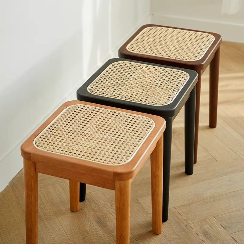 Japanese Style Solid Wood Stool Stackable Rattan Square Stool Dining ...