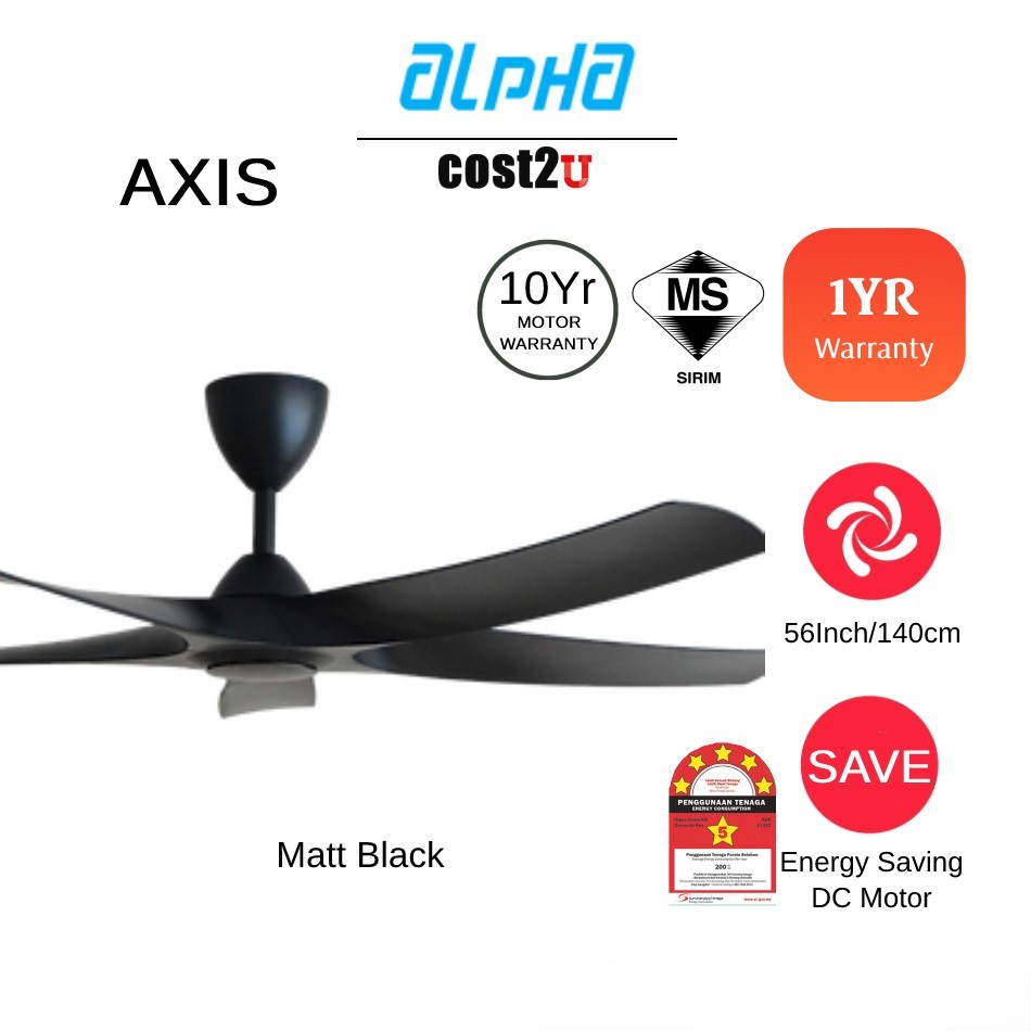 ALPHA Alkova AXIS 56" 5 Blades DC Motor Ceiling Fan | AXIS-5B/56 AXIS ...