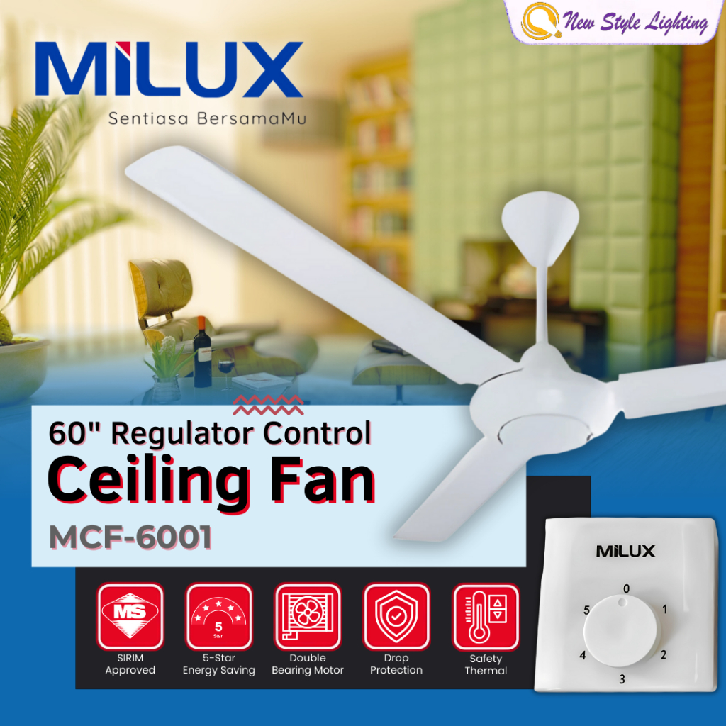 MILUX MCF-6001 60" 60 Inch 3 Metal Blade SIRIM White 5 Speed Non Remote ...