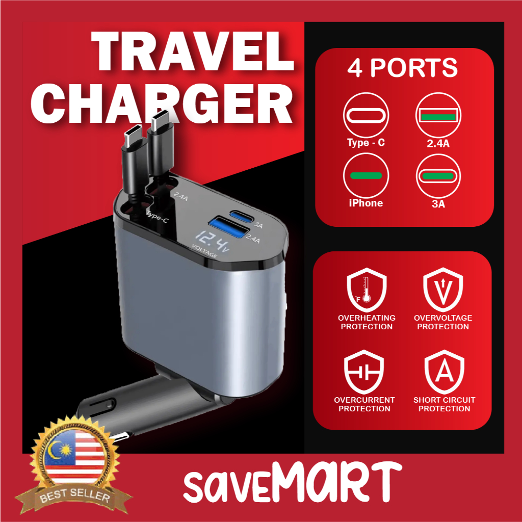 100W Super Fast Car Phone Charger Retractable Car Charger 4 in 1 Heavy ...