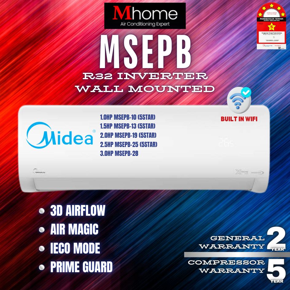 Midea Inverter 5 Bintang Penyaman Udara Aircond R32 (MSEPB-CRFN8) – 1.0HP / 1.5HP / 2.0HP / 2 ...