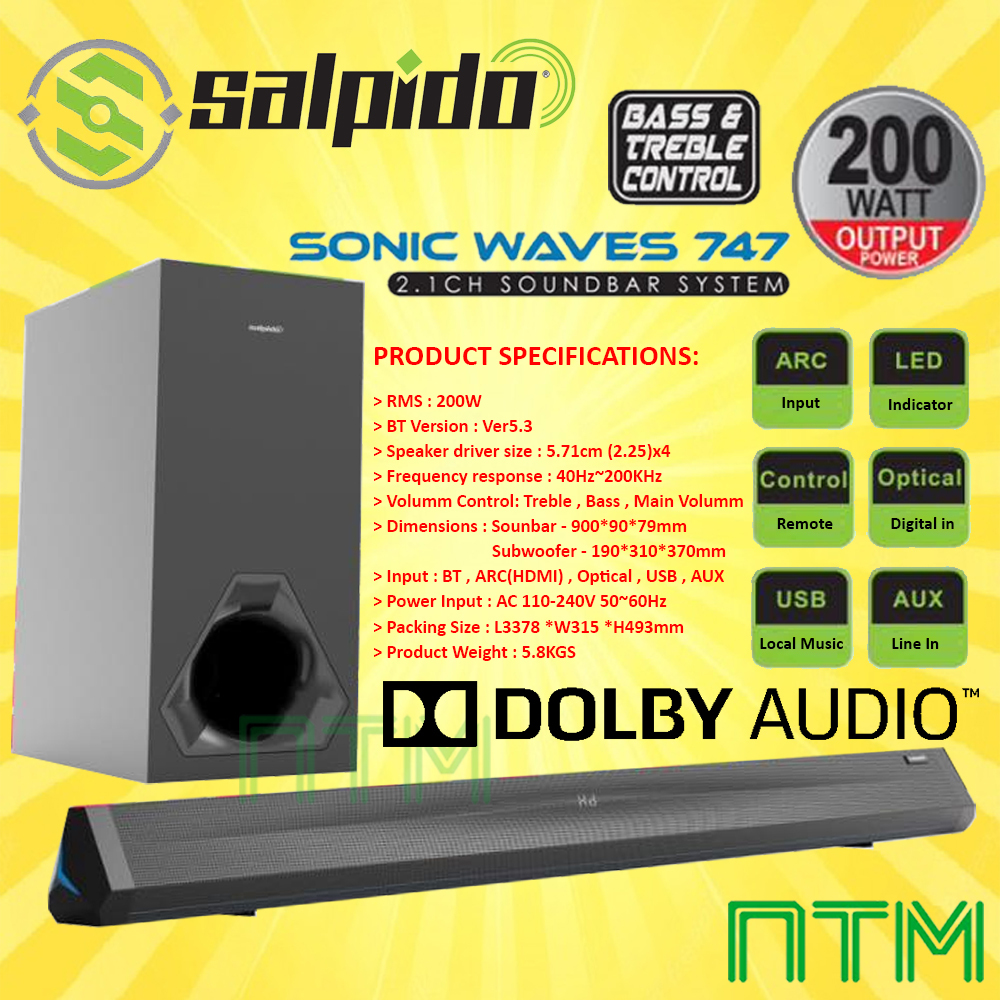 Salpido Sonic Waves 747 SoundBar Bluetooth 5.3 TV Sound System 200 Watts 1 Year Warranty DOLBY 2 ...