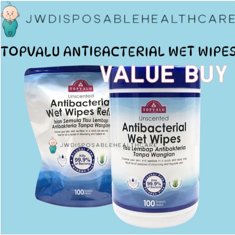 🔥🇲🇾 Stok🔥100pcs TOPVALU Unscented Antibacterial Wipes Wet Tissue (Canister/Refill) 100 Sheets ...