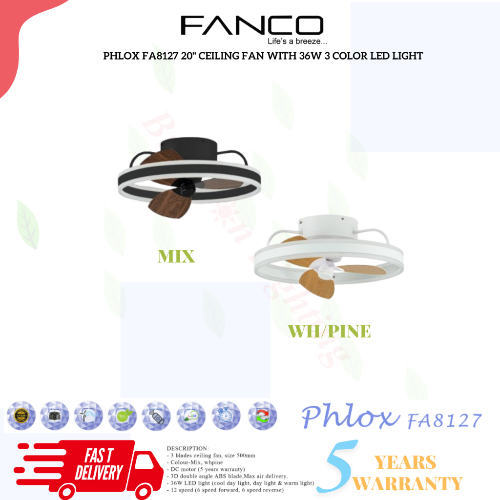 Fanco Phlox FA8127 20" Ceiling Fan With 36W 3 Color LED Light DC Motor ...