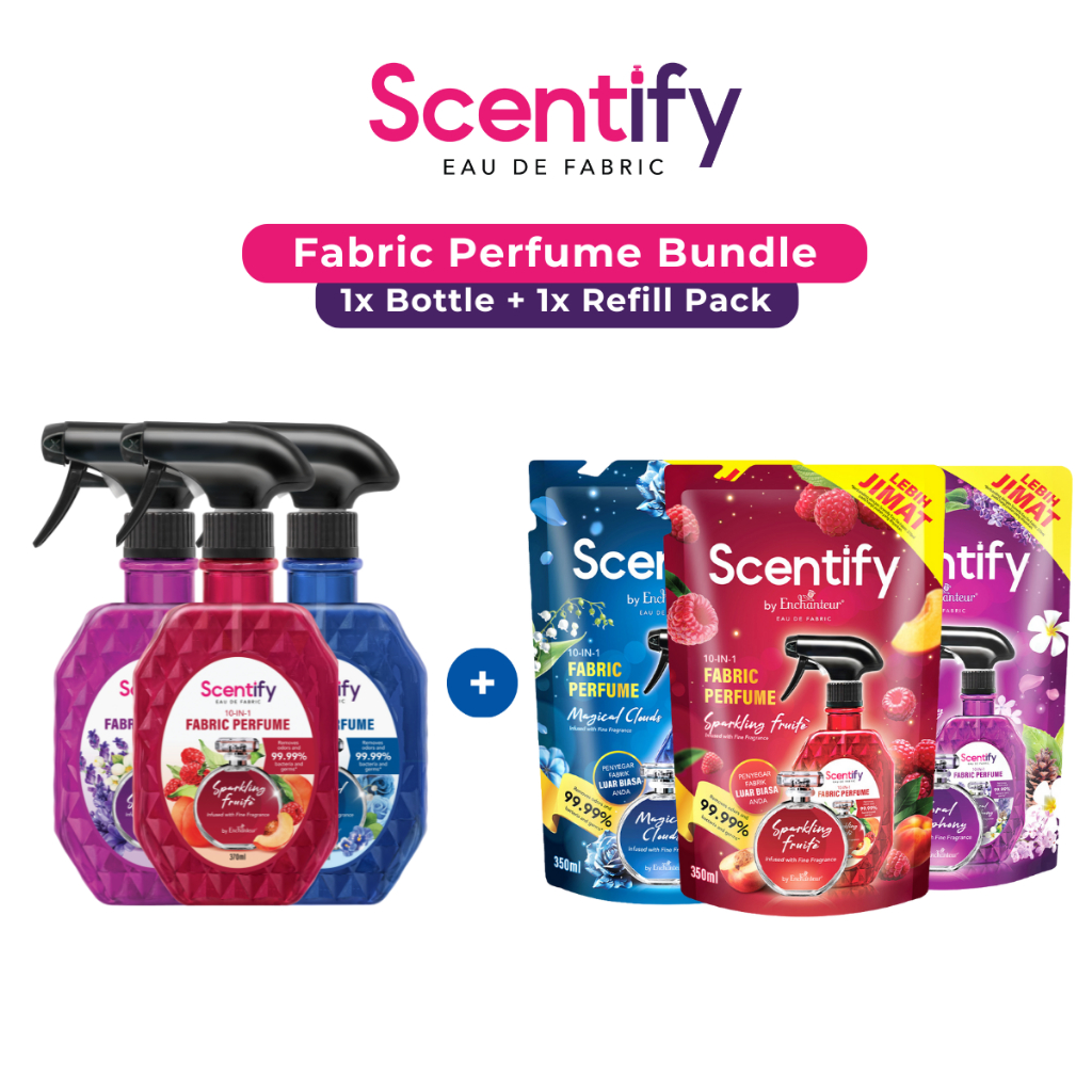 Scentify Eau De Fabric Perfume Bottle 370ml + Pouch 350ml Magical Clouds Sparkling Fruité Floral ...