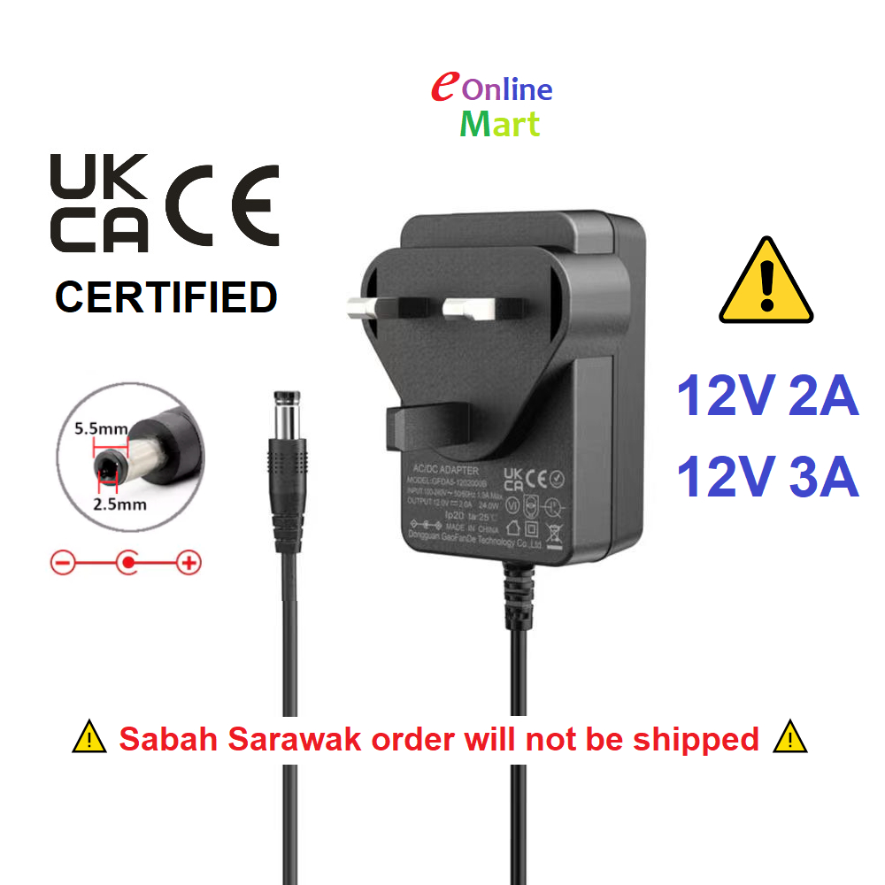 3-pin UK 12V 2A / 12V 3A (2.1-2.5mm) Power Supply Adapter AC DC Power ...