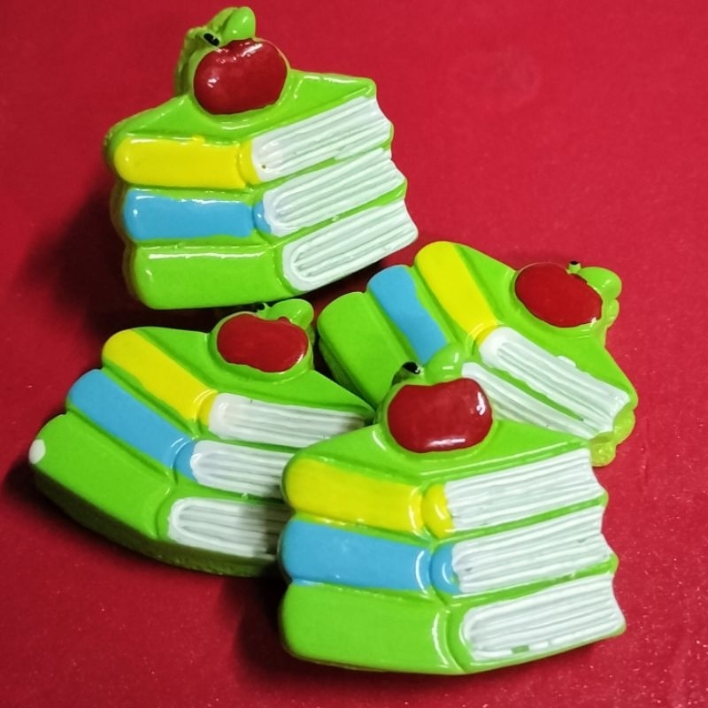 ♥️FRC♥️(4pcs) Resin FlatBack School Theme,Petern Triple Book with Apple ...