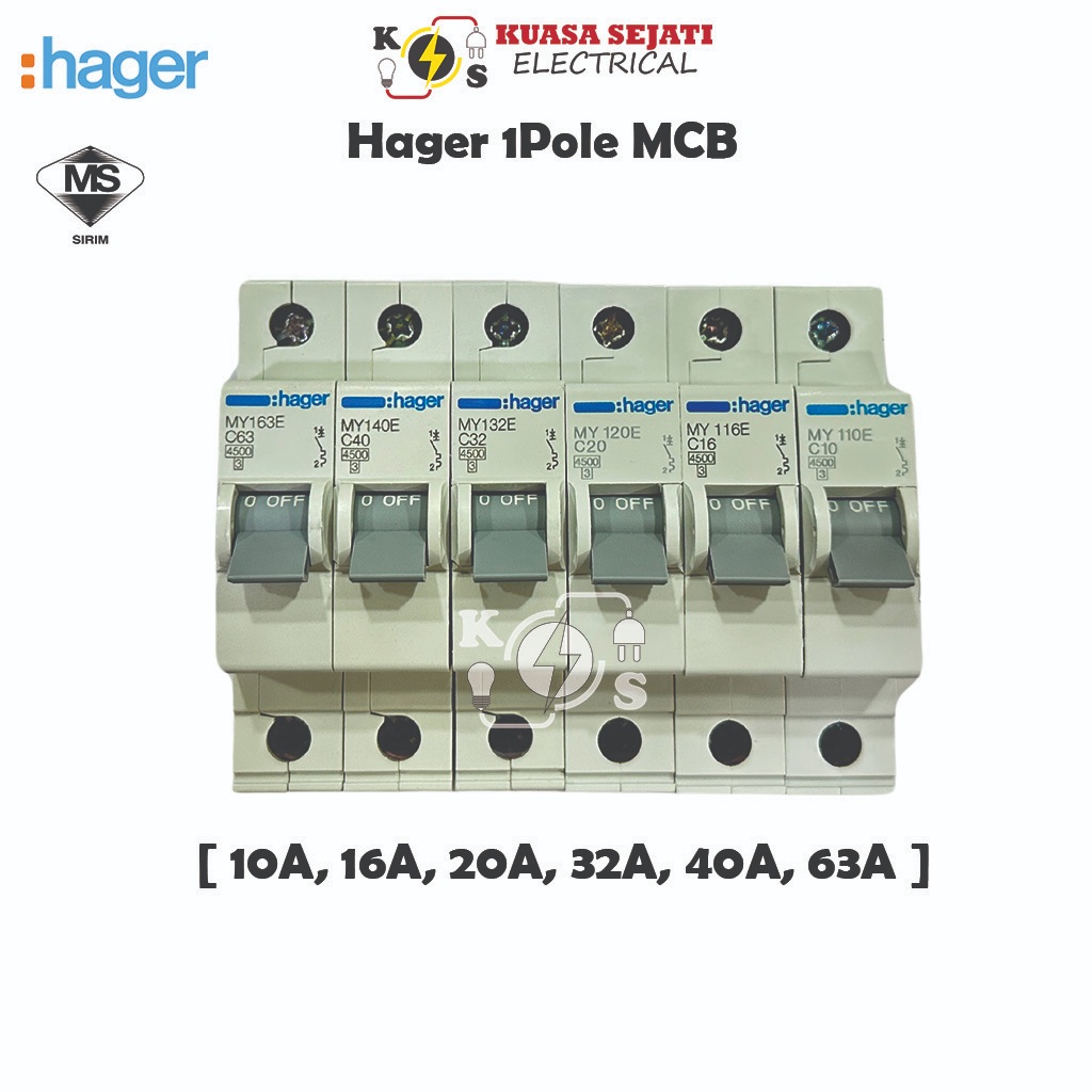 Hager MCB MY Series 1 POLE / 2 POLE / 3 POLE 10A / 16A / 20A / 32A / 40A / 63A MCB 4.5KA ...