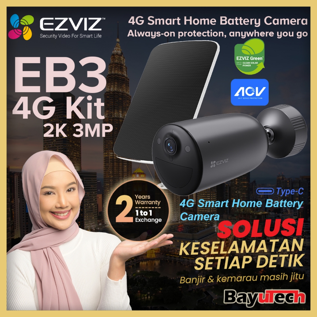 EZVIZ EB3 4G kit 3MP 1296P Battery-Powered,100% Wire-free, Wireless ...