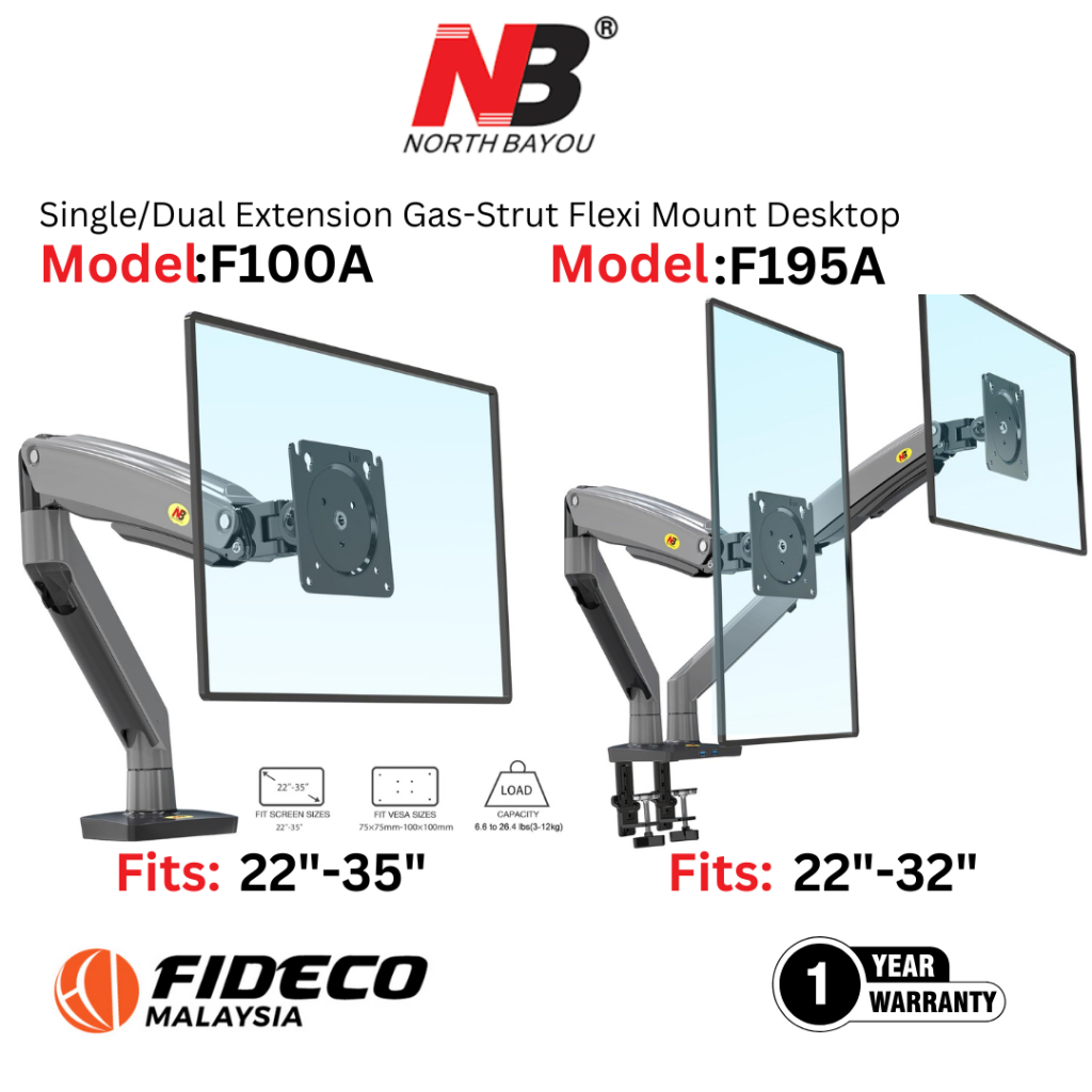 NB North Bayou F100A/F195A Single/Dual Extension Gas-Strut Flexi LCD ...