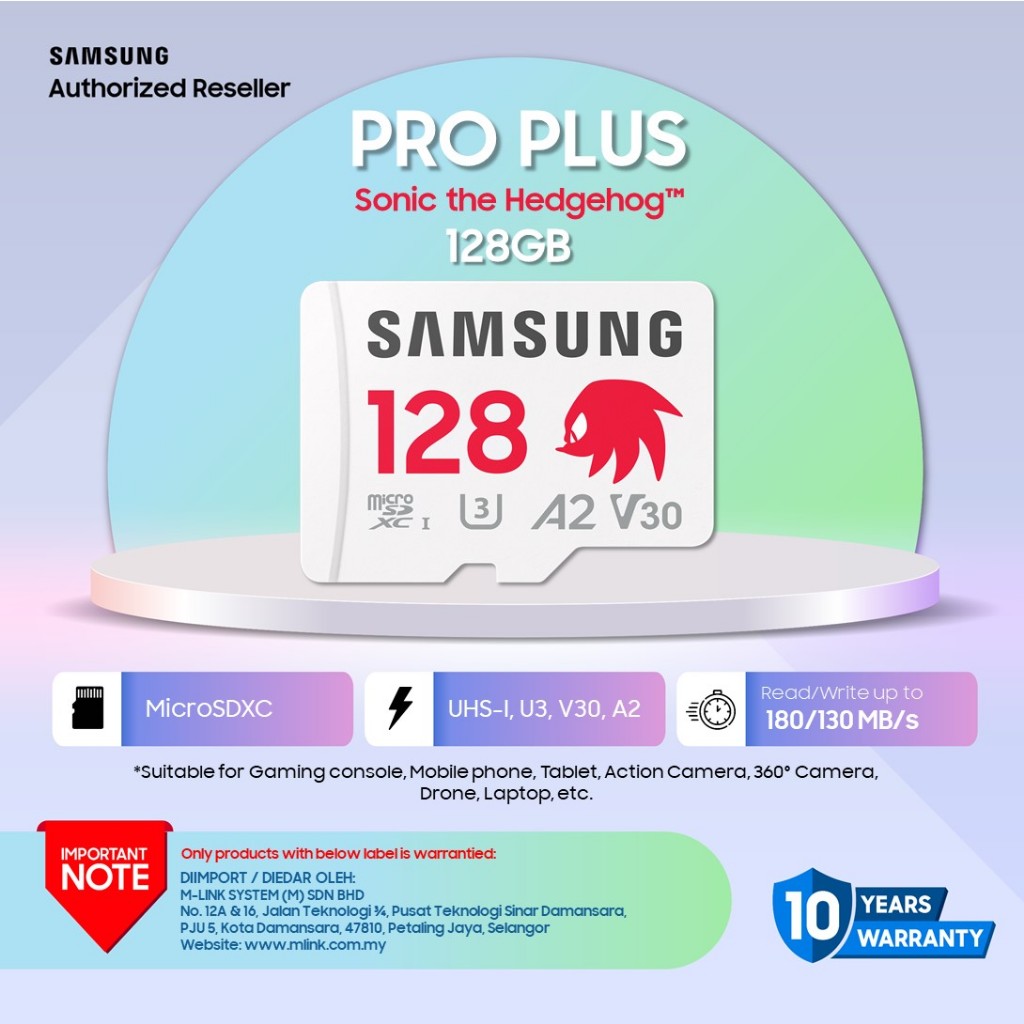 SAMSUNG MICRO SD W/ADPT PRO PLUS SONIC THE HEDGEHOG™ (128GB/256GB/512GB/1TB) READ: UP TO 180MB/s ...