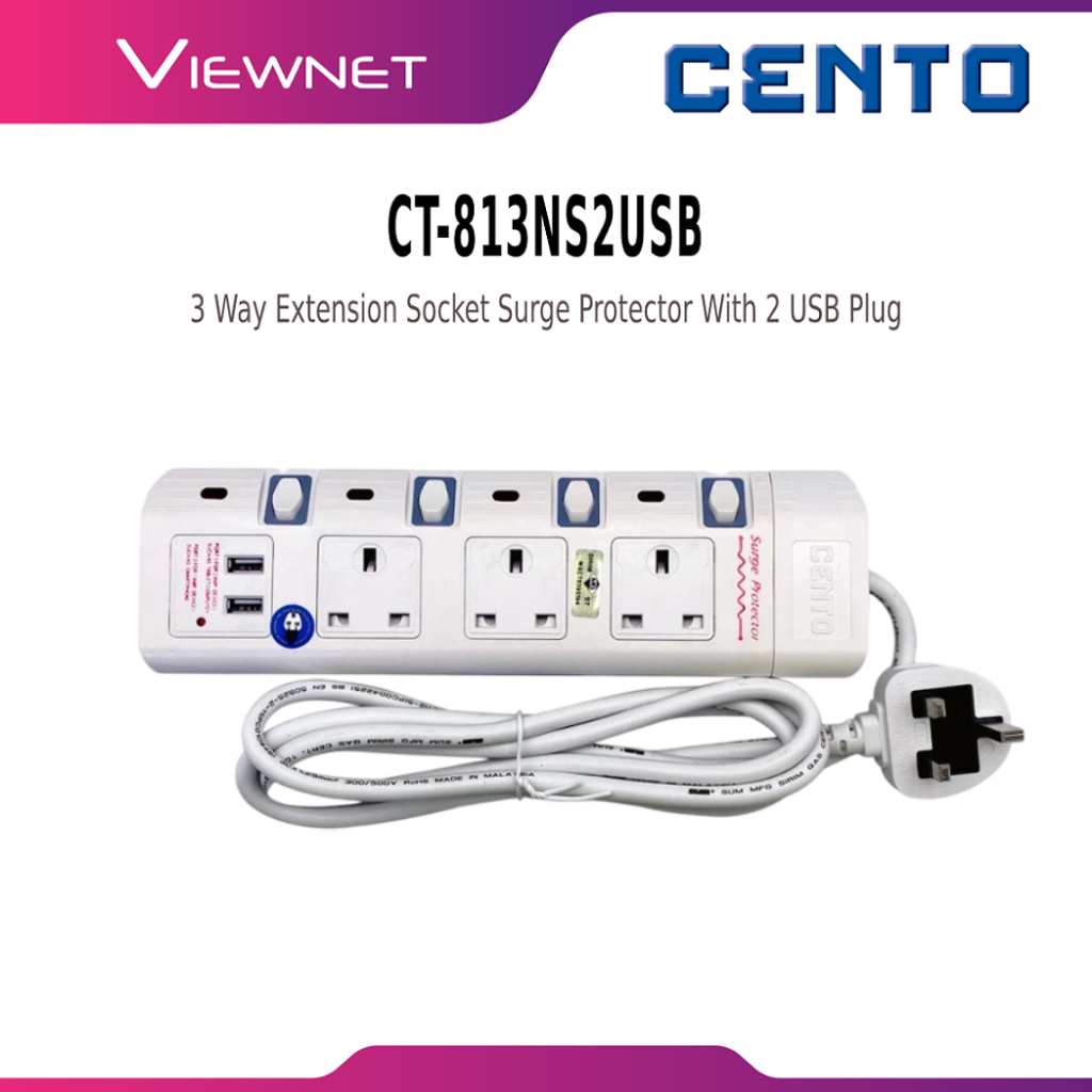 CENTO 3/4/5 GANG EXTENSION SOCKET PLUGS WITH SIRIM, SURGE PROTECTOR, 2 ...