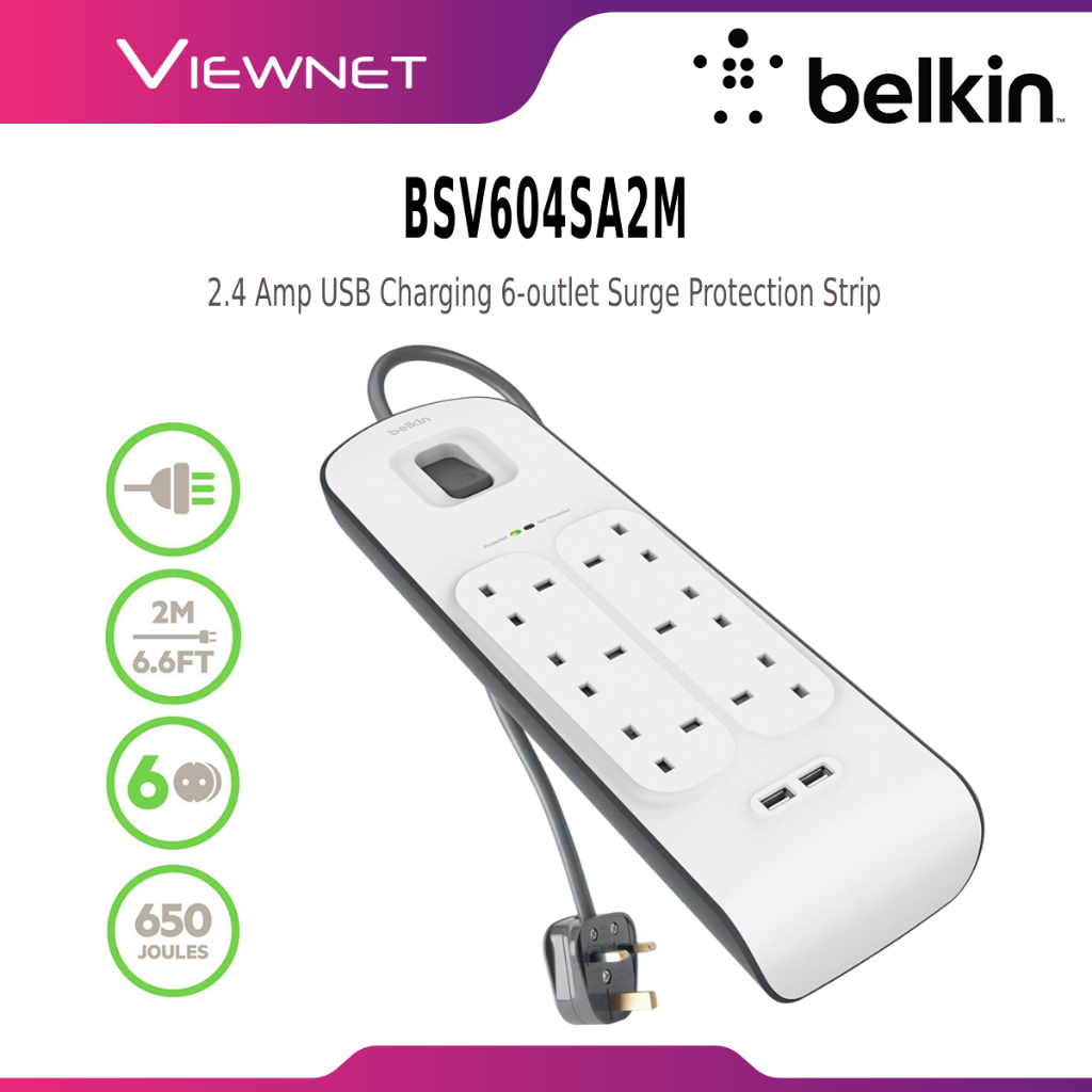 BELKIN BSV604SA2M 6 UK PLUGS + 2 USB PORT EXTENSION SOCKET PLUG SURGE ...