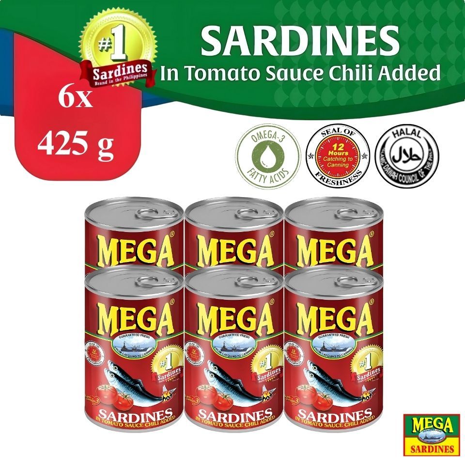 Mega Sardines Ikan Sardin Tin in Tomato Sauce Chili Added 6 x 425G Cili ...