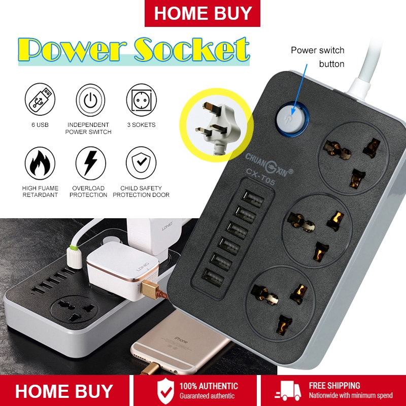 UK Plug Universal 3 Plug Socket Power + 6 Usb Socket Extension With USB ...