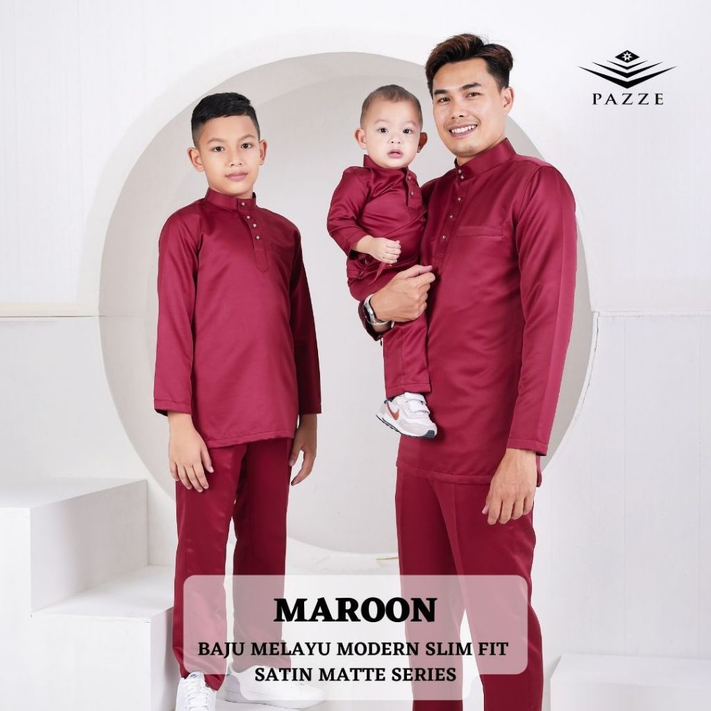 Pazze Baju Melayu Modern Slim Fit Satin Matte Sedondon Series - Maroon ...