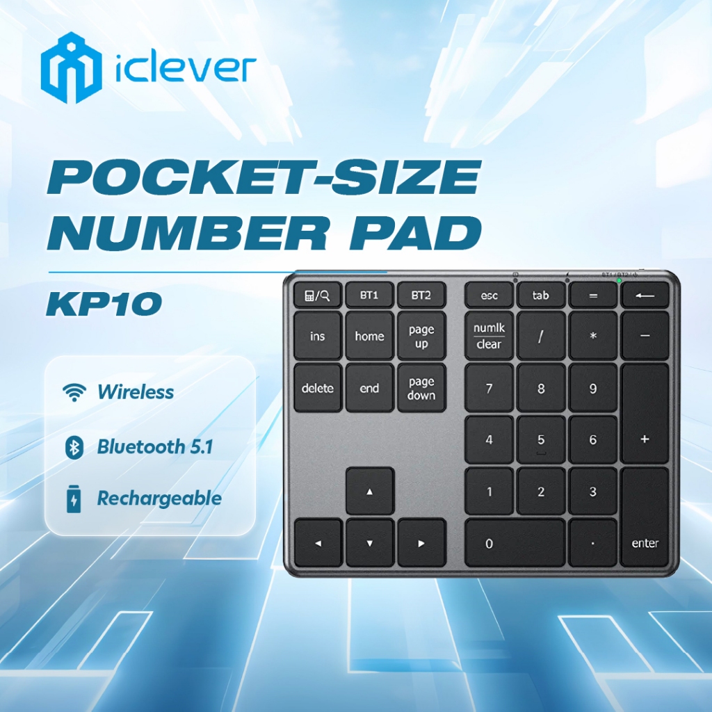 iClever KP10 Bluetooth Number Pad, Multi-Devices Wireless Number Pad, USB-C Rechargeable ...