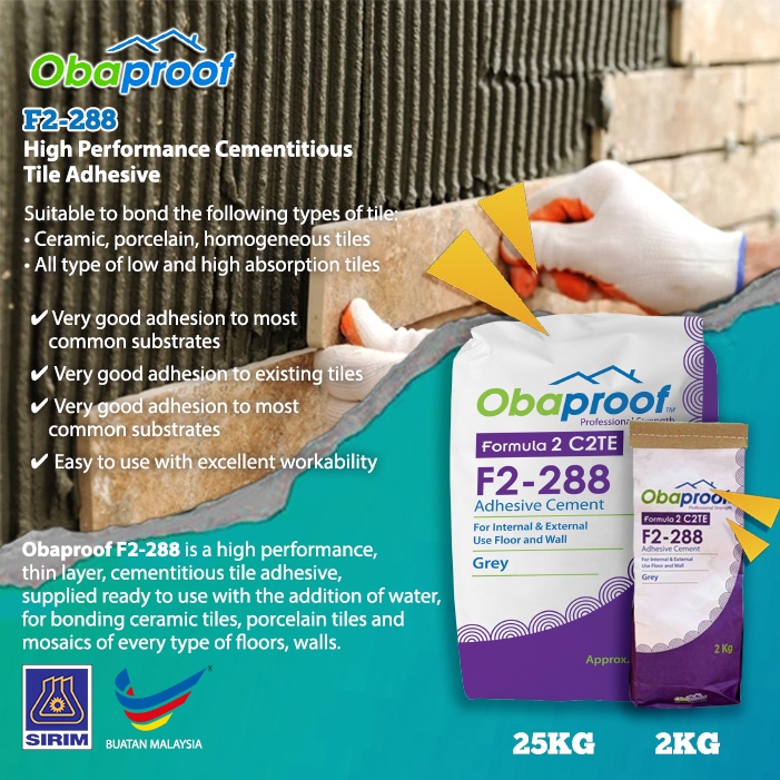 2KG/25KG OBAPROOF F2-288 HIGH PERFORMANCE CEMENTITIOUS TILE ADHESIVE ...