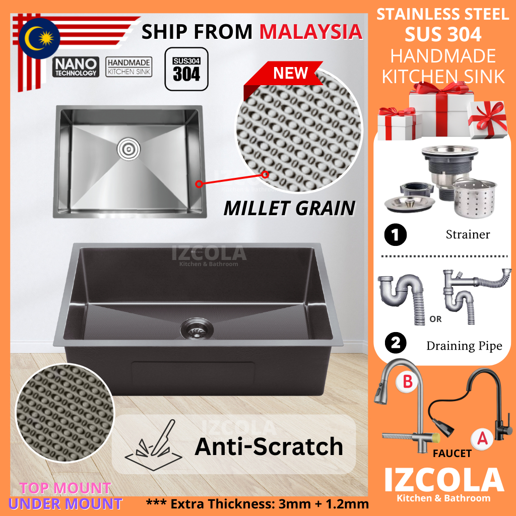 Sinki Dapur IZCOLA SUS304 Kemasan Millet Grain / Anti-Calar / 60x48CM ...