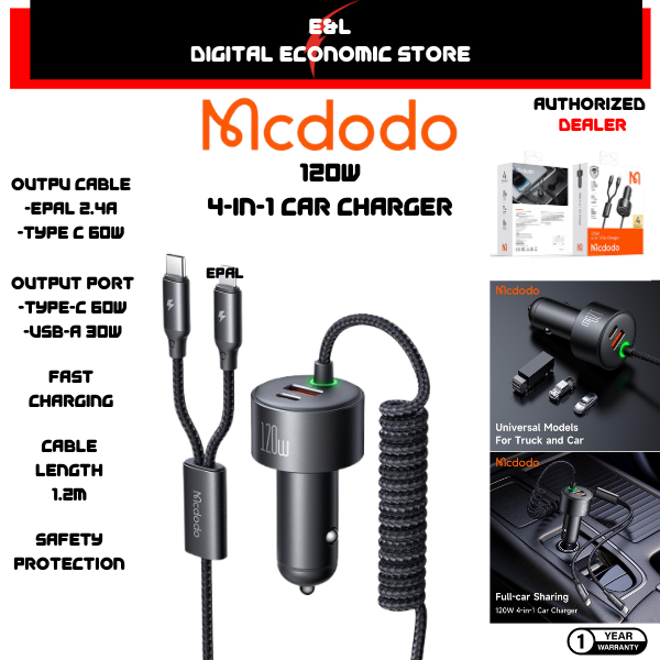 【1Yr Warranty】 MCDODO CC 0370 120W 1C + 1A Car Charger with USB C and Epal Retractable Cable ...