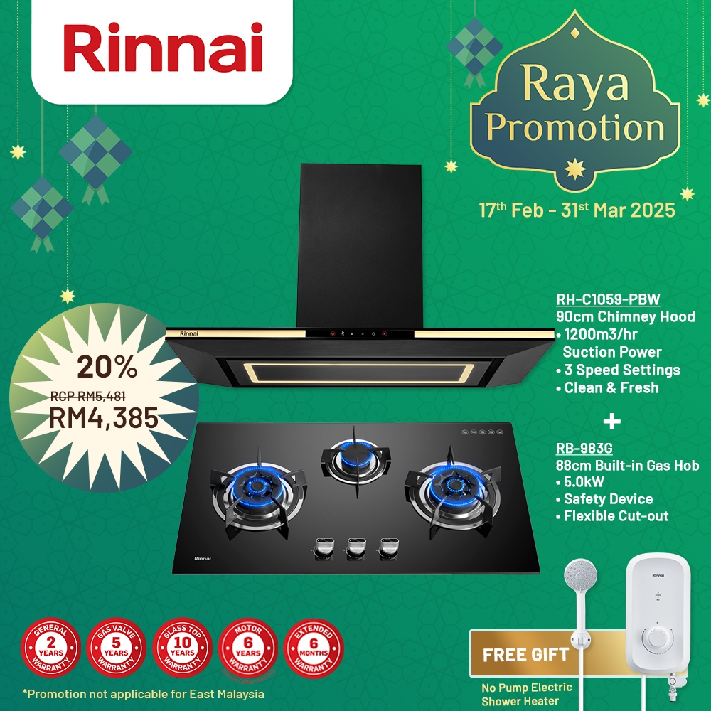 Rinnai Cooker Hood (90cm) RH-C1059-PBW + Built-in Gas Hob (88cm) RB-983G | Shopee Malaysia