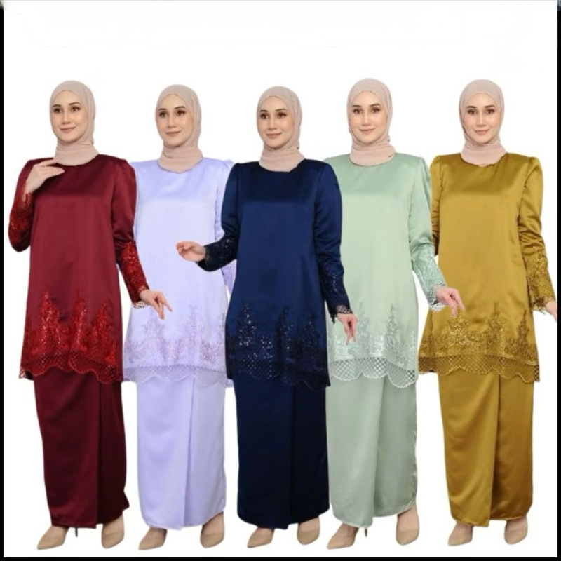 [Ready Stock]Baju Kurung Lace Modern Embroidery Silk Satin Baju Raya Dewasa | Shopee Malaysia